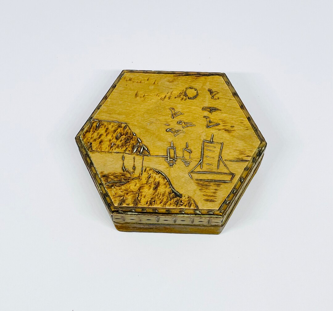 Vintage Carved Wooden Box Carved Ocean Scene - Etsy