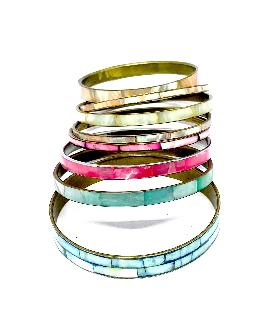 8 X Vintage Brass Bangles, Shell Inlay Bangles, Pink Blue Green Beige ...