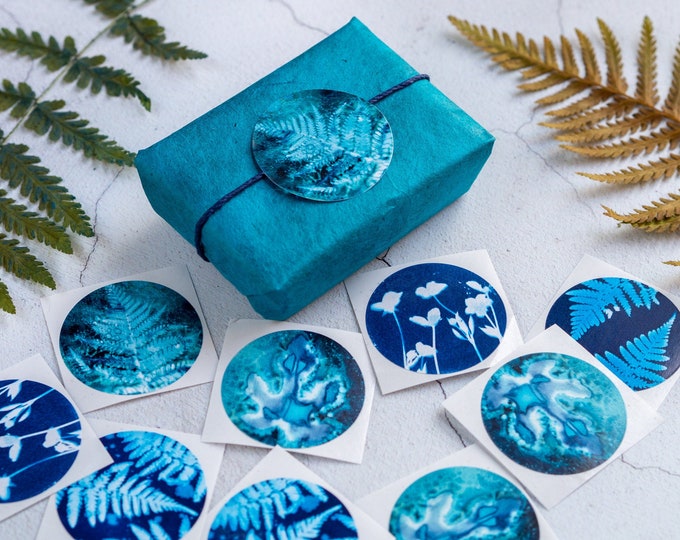 Blue Botanical Cyanotype Stickers Pack of 10 or 20 Round Glossy Labels ...