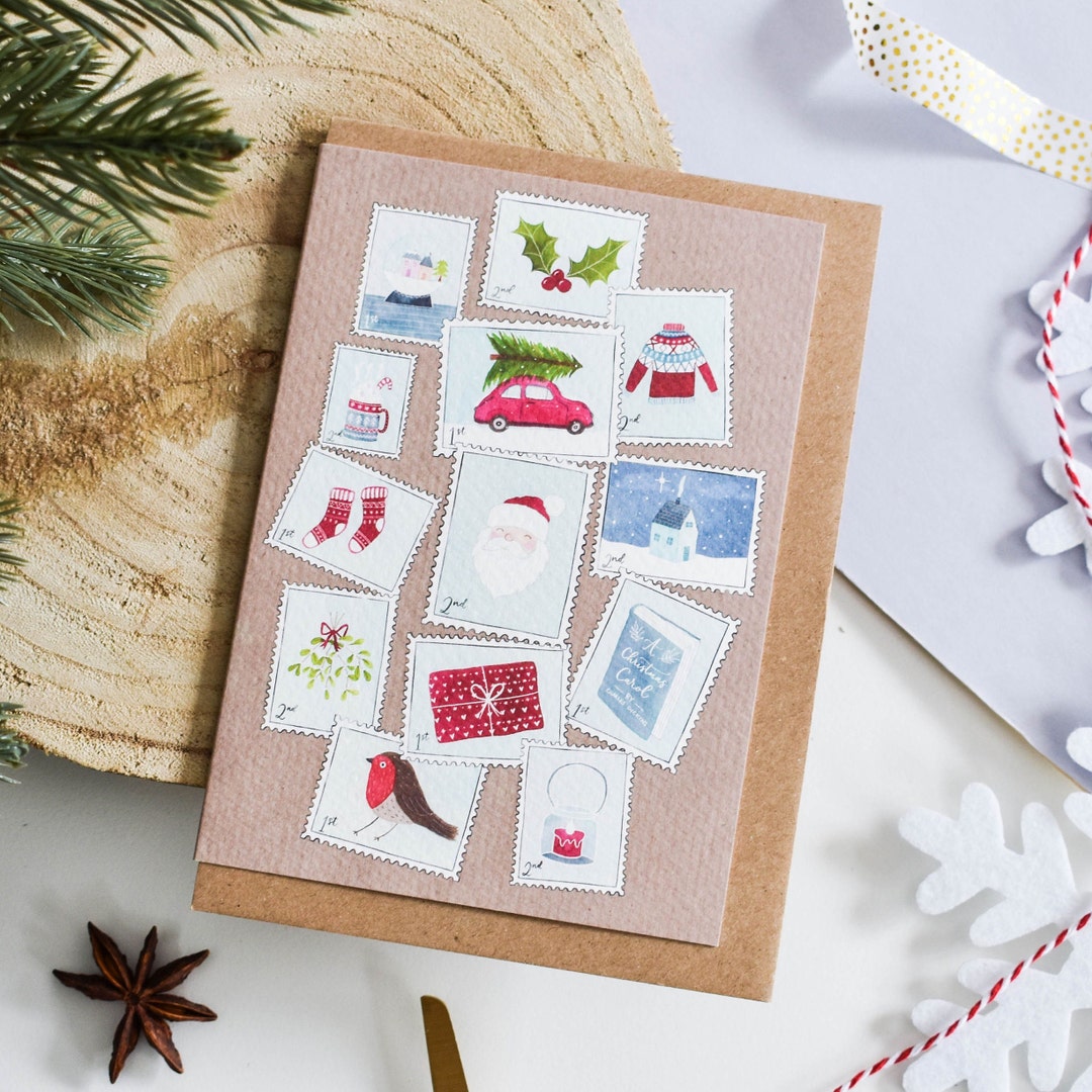 Illustrated Christmas Postage Stamp Card, Single or Pack of 4 or 8, Ref ...