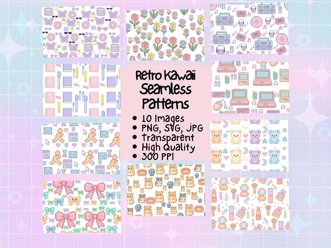 Retro Kawaii Seamless Patterns: Pixel Bears, Vintage Tech (PNG, SVG ...