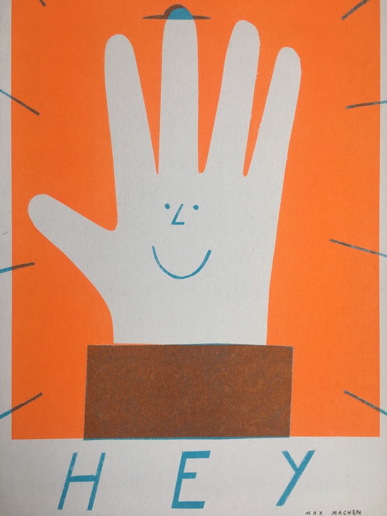 A4 2 Colour Hey Hand in Little Hat Risograph Print - Etsy