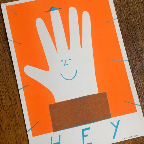 A4 2 Colour Hey Hand in Little Hat Risograph Print - Etsy