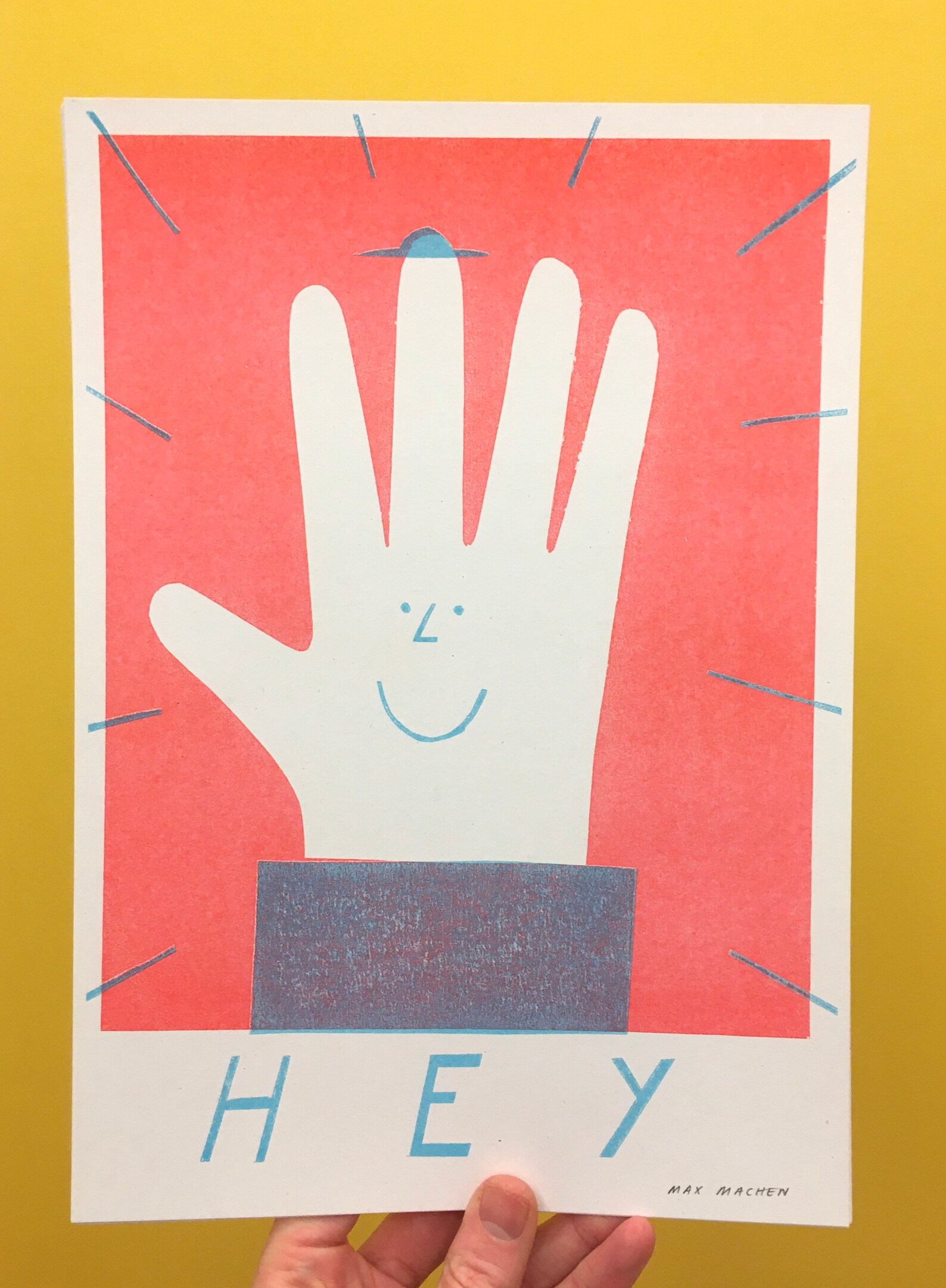 A4 2 Colour Hey Hand in Little Hat Risograph Print | Etsy