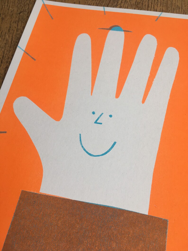 A4 2 Colour Hey Hand in Little Hat Risograph Print - Etsy