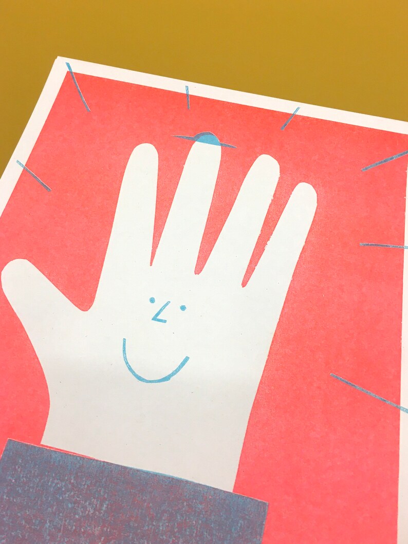 A4 2 Colour Hey Hand in Little Hat Risograph Print | Etsy