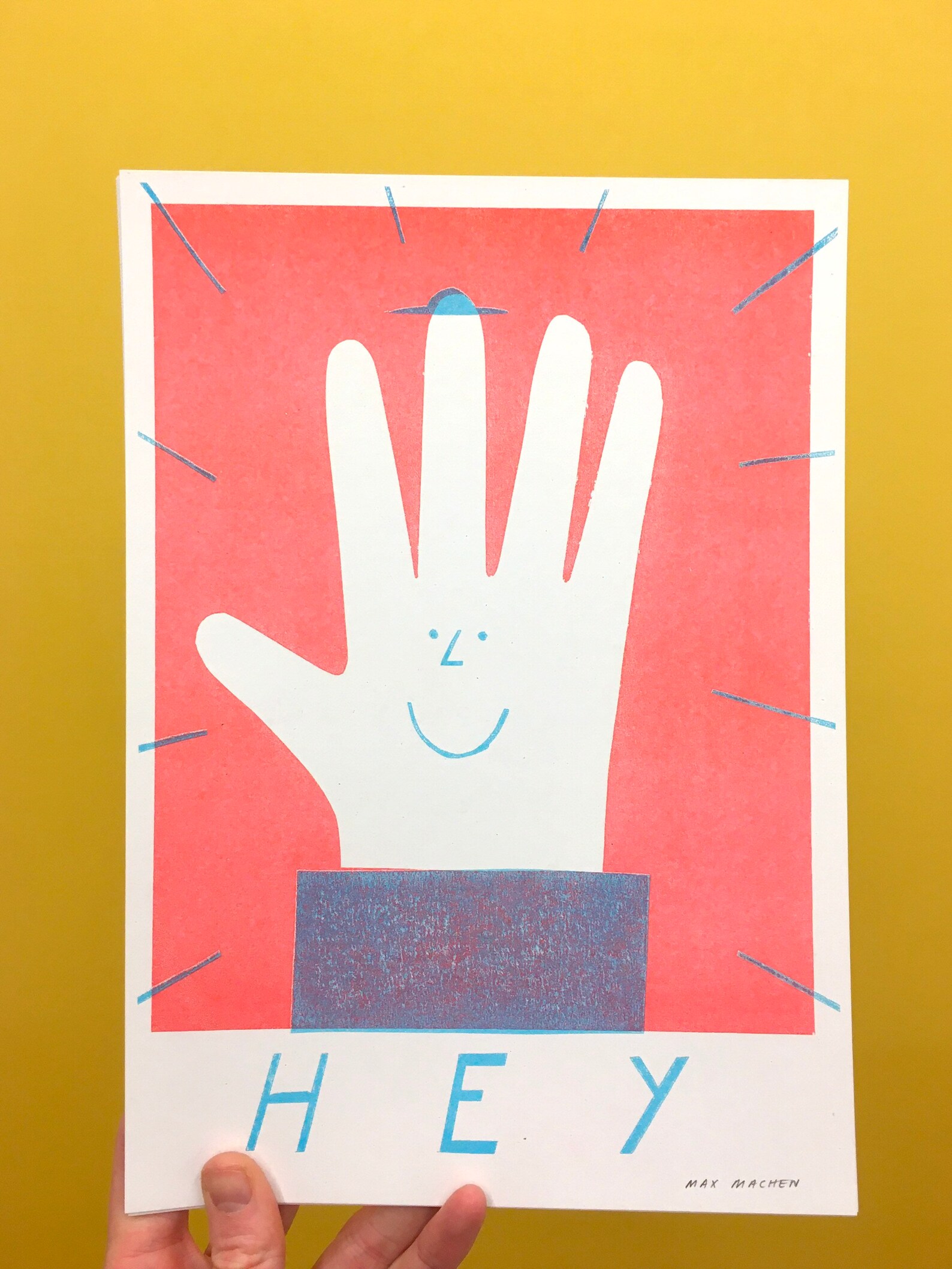A4 2 Colour Hey Hand in Little Hat Risograph Print | Etsy