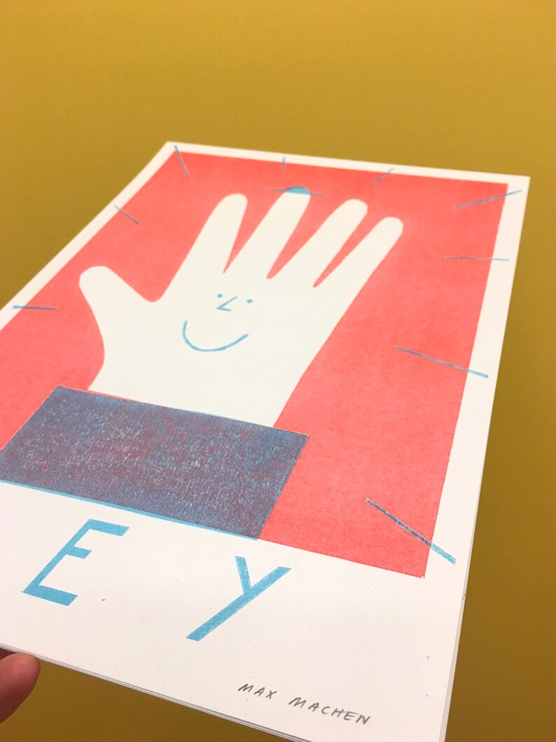 A4 2 Colour Hey Hand in Little Hat Risograph Print | Etsy