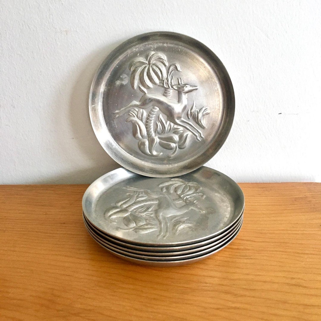 Midcentury Aluminum Drink Coasters, Set of 6, Stylized Antelope ...