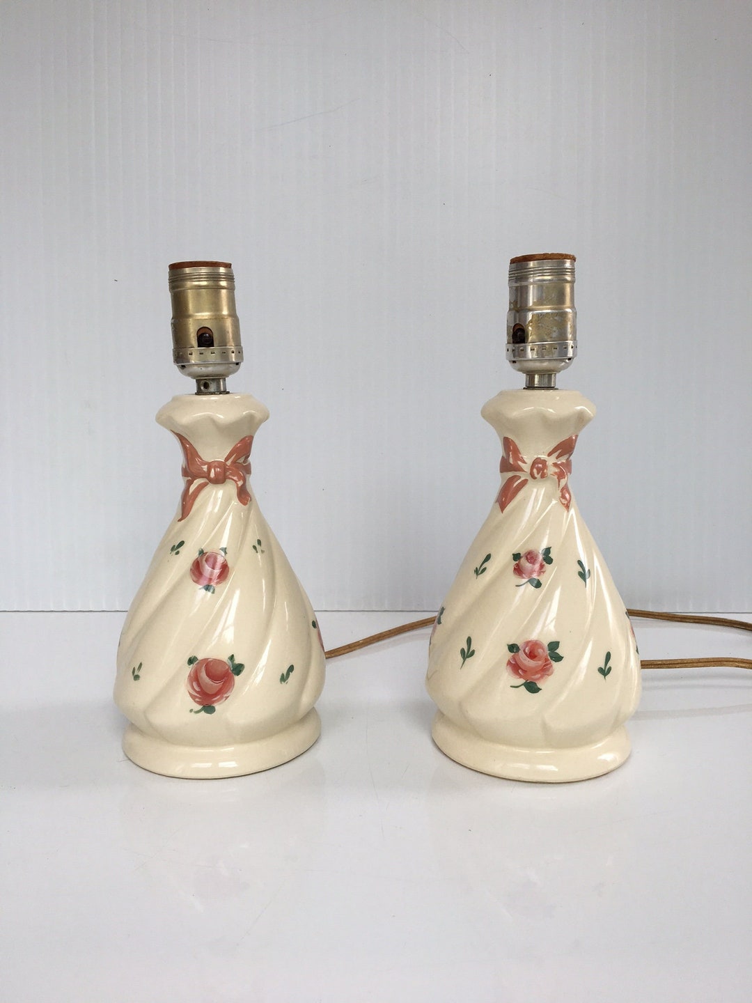 FB Johnson Boudoir Lamps, Pair, 1950's, Ivory With Pink Roses, 10 ...