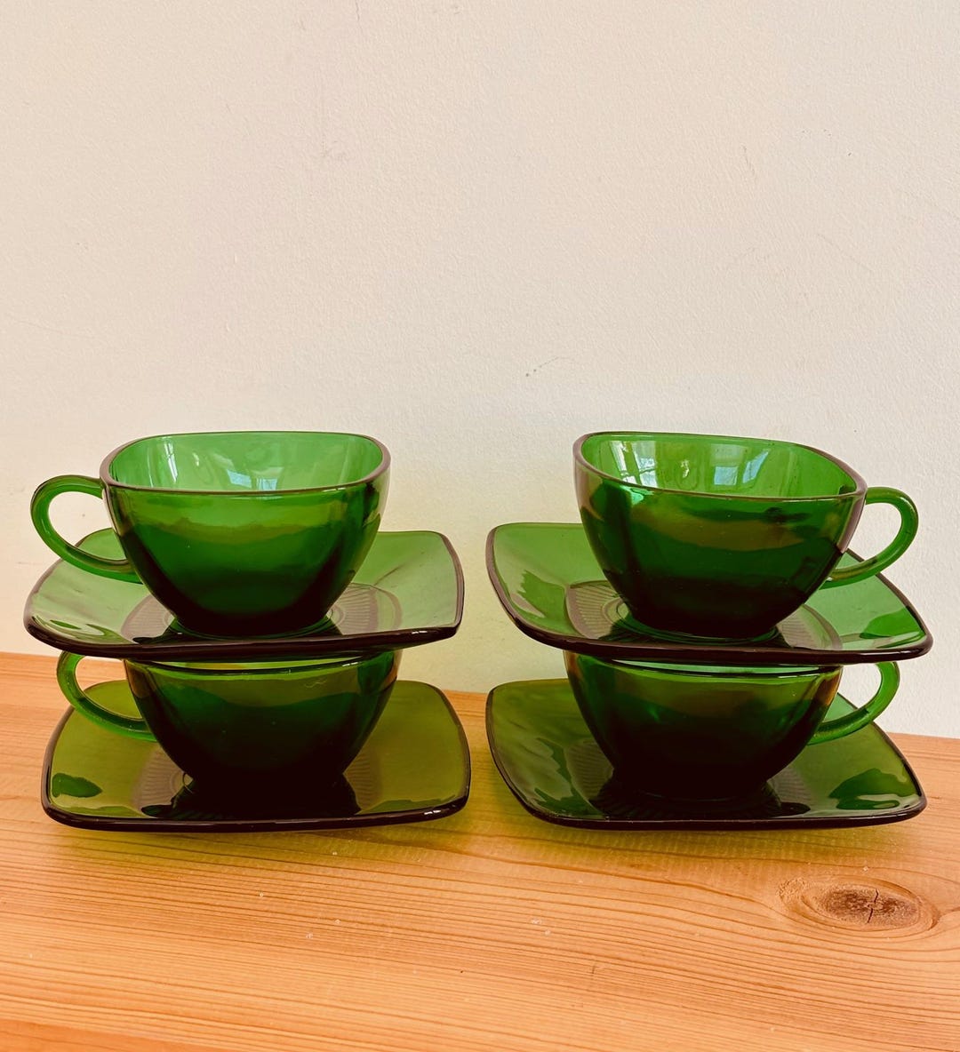 Vintage Emerald Green Glass Square Cups and Saucers, Set of 4, (8 Pcs ...