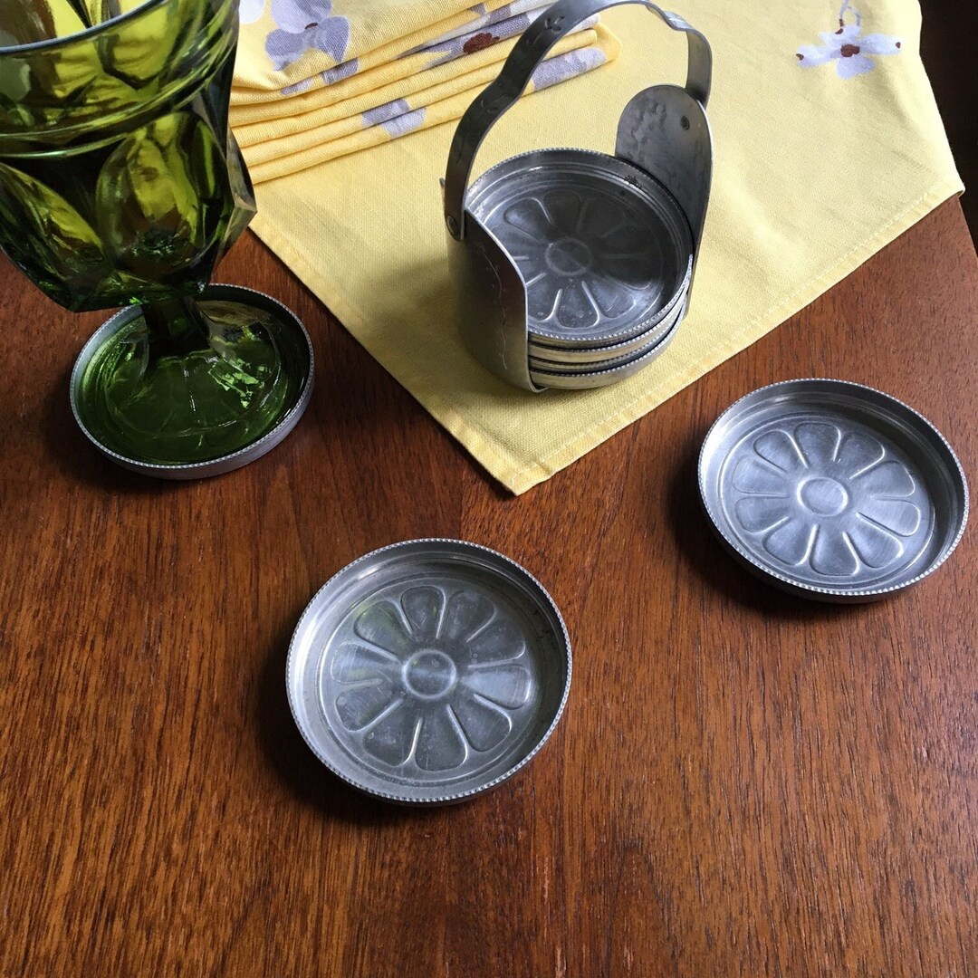 Vintage Aluminum Coasters, Daisy Drink Coaster Set With Caddy - Etsy