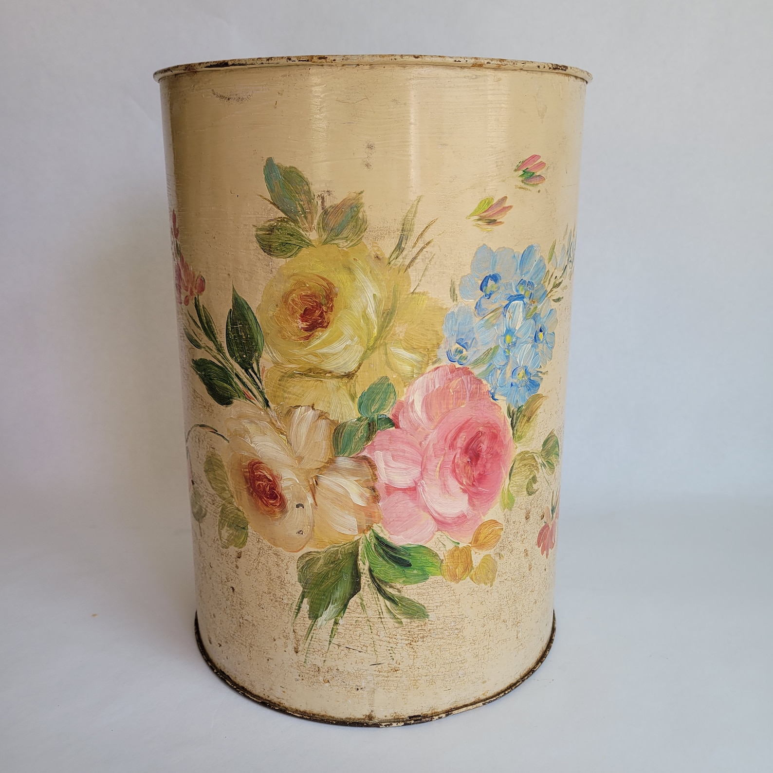 Vintage Metal Trash Can Hand Painted Rose Design Shabby Chic Decor ...