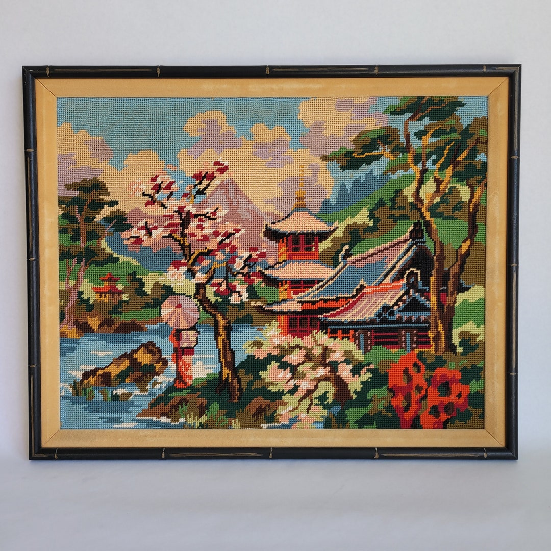 Asian Needlepoint Picture Japanese Chinese Wall Hanging Vintage Needlepoint Picture Framed Asian ...