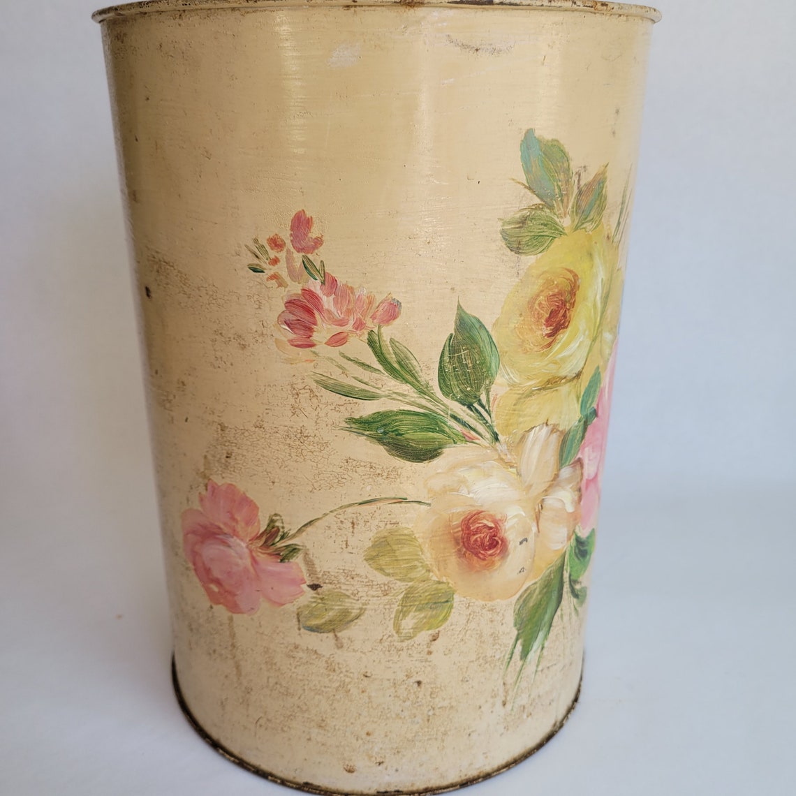 Vintage Metal Trash Can Hand Painted Rose Design Shabby Chic Decor ...