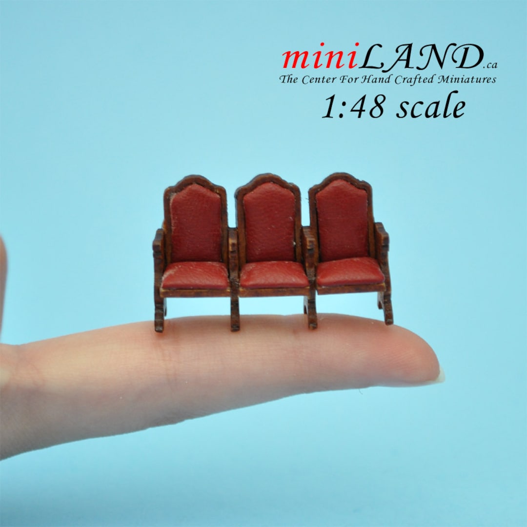 1:48 1/4" Scale Triple Seats THEATRE CHAIR Dollhouse Cinema Red Leather ...