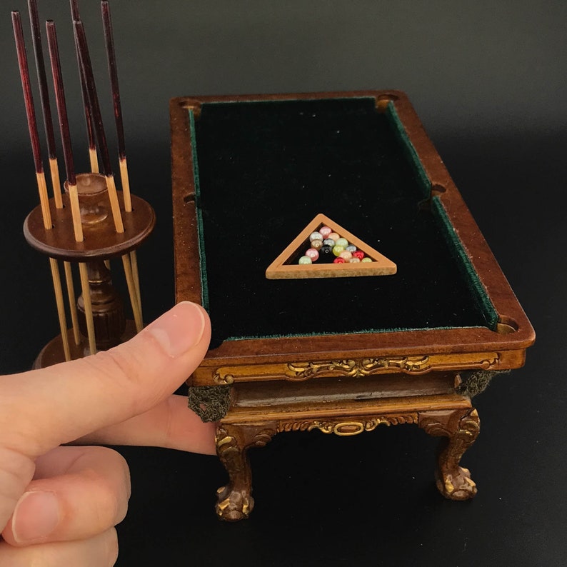 Miniature Pool Table Set for 1:12 Dollhouse Wooden Walnut Billiards Top ...