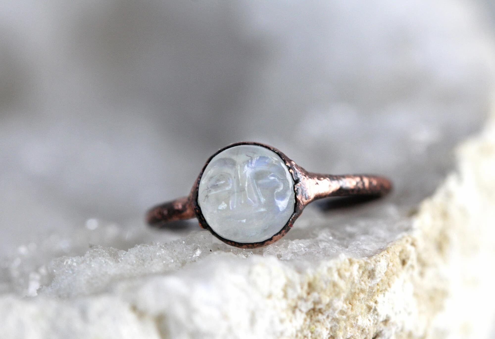 Moonstone Ring - Moon Face Ring - Man in the Moon - Carved Stone Ring