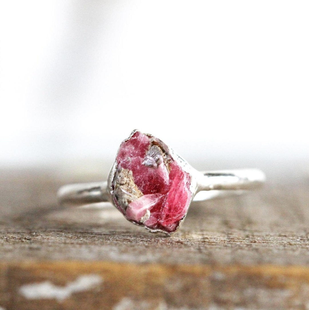 Rhodonite Ring - Raw Pink Crystal Ring - Solitaire Ring - Electroformed ...