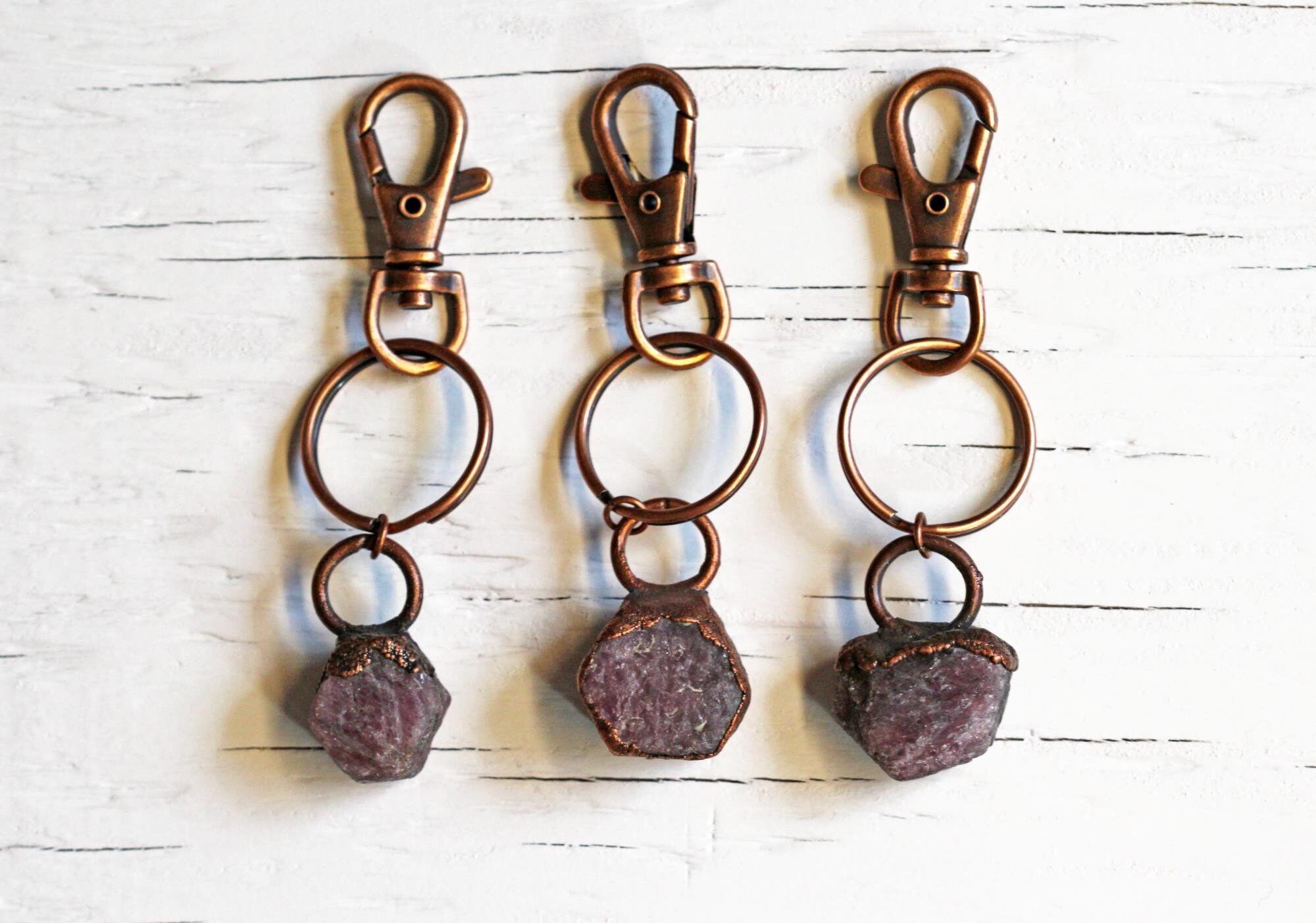 Ruby Keychain - Raw Crystal Key Ring - Copper Key Clip - Crystal Key Ring