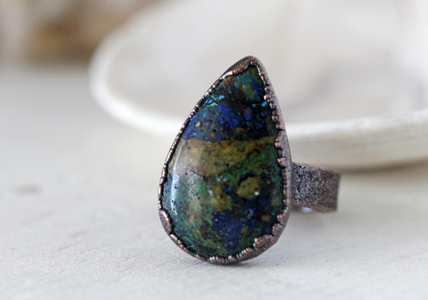 Azurite Ring - Size 8 1/2 - Big Stone Ring - Mineral Ring - Big Copper Ring