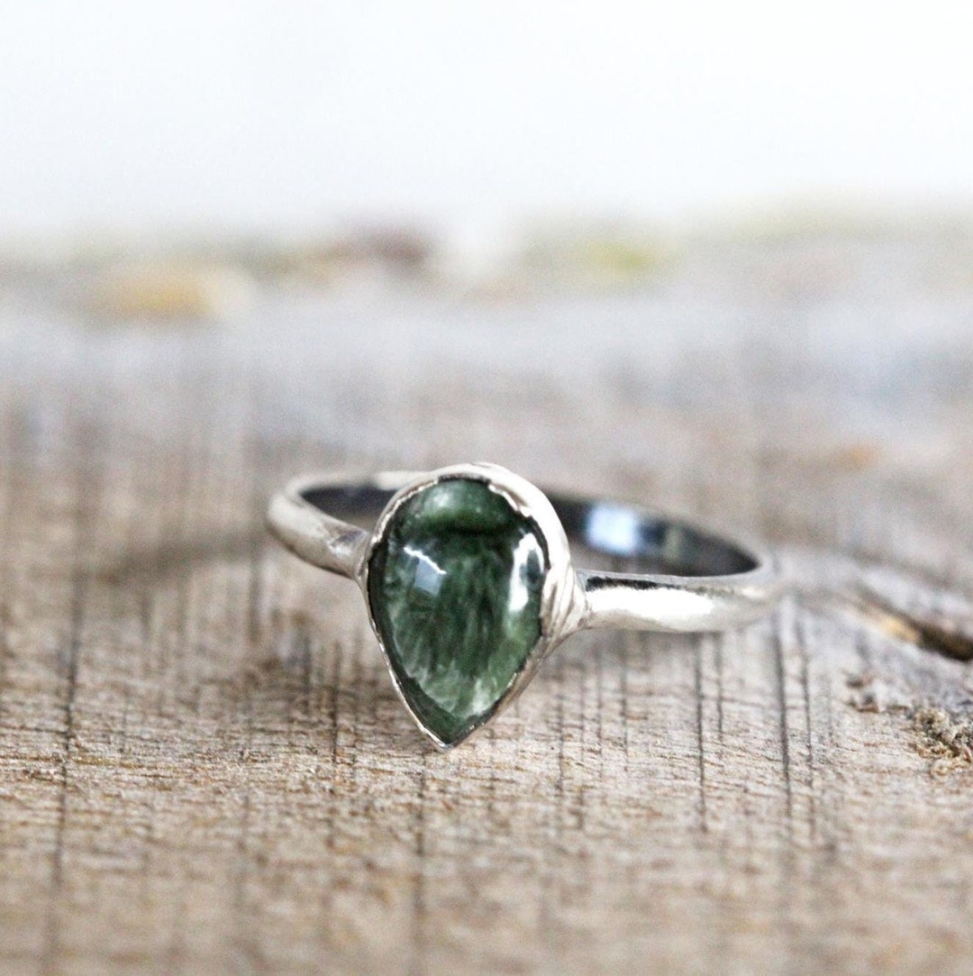 Seraphinite Ring - Stone Stacking Ring - Green Stone - Teardrop Stone ...