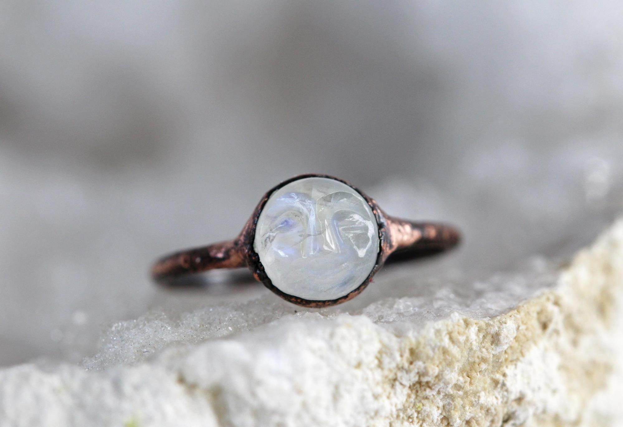 Moonstone Ring - Moon Face Ring - Man in the Moon - Carved Stone Ring
