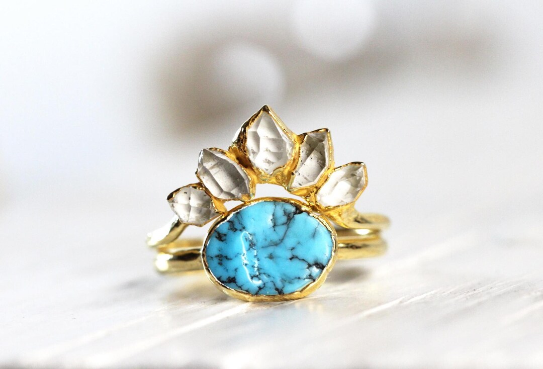 Wedding Ring Set Turquoise Wedding Set Herkimer Engagement Ring - Etsy