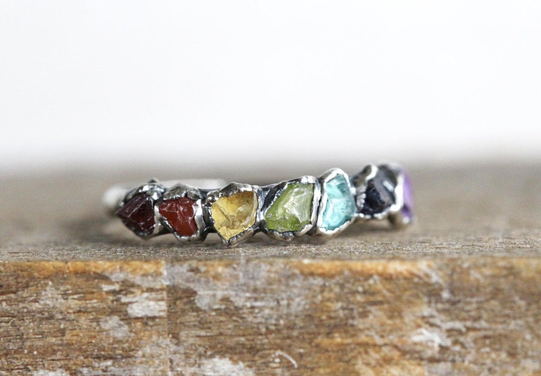 Rainbow Ring - Chakra - Yoga Jewelry - Raw Stone Chakra Ring - Etsy