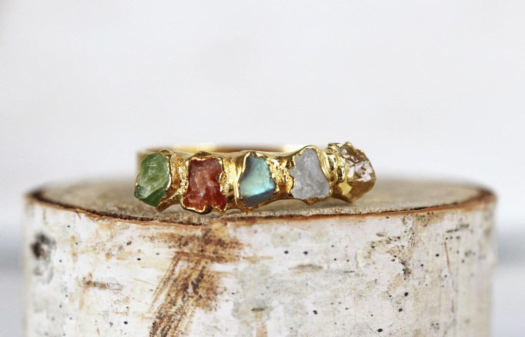 Lucky Stone Ring Raw Stone Silver Ring Multi Stone Crystal and Copper ...