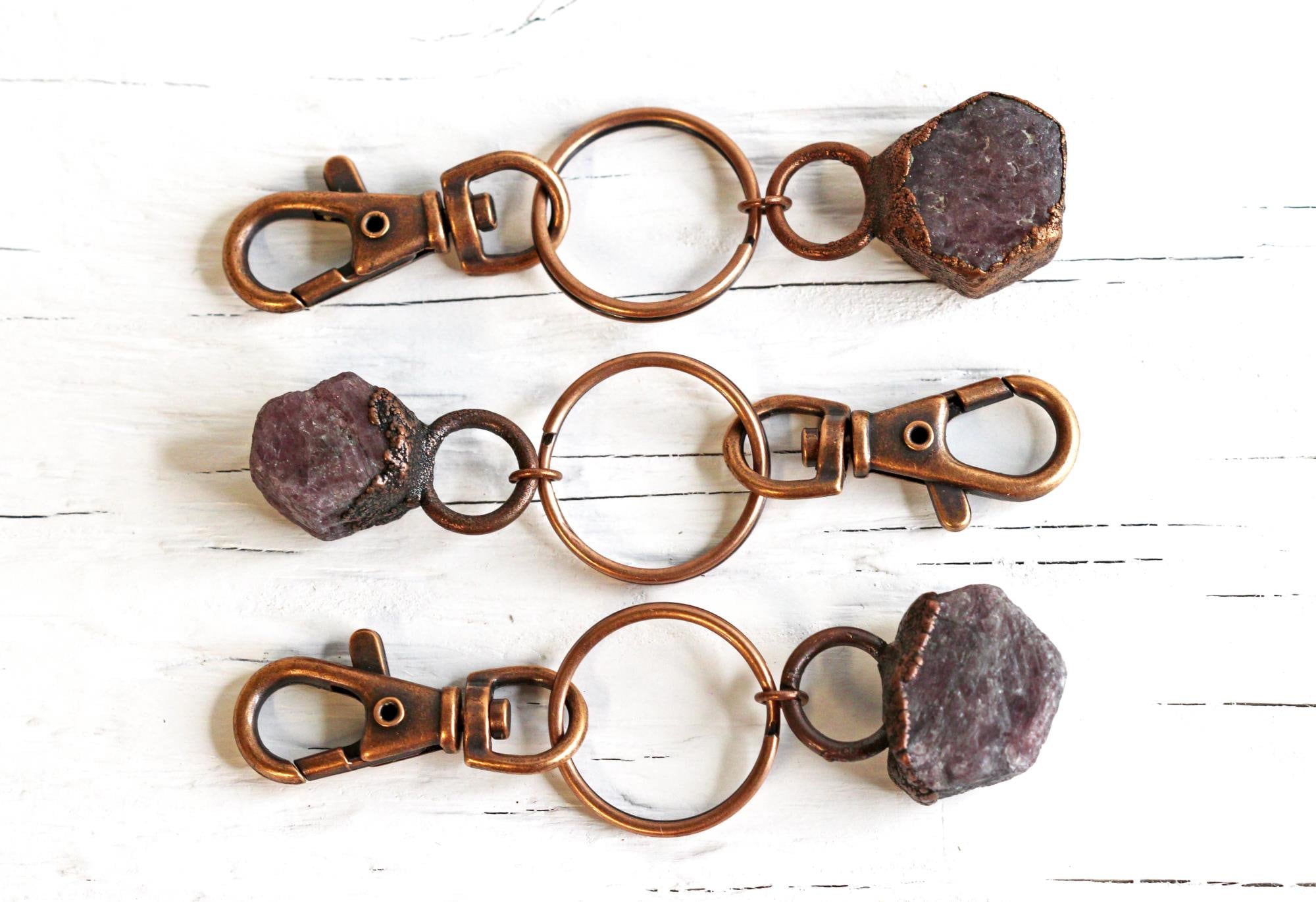 Ruby Keychain - Raw Crystal Key Ring - Copper Key Clip - Crystal Key Ring