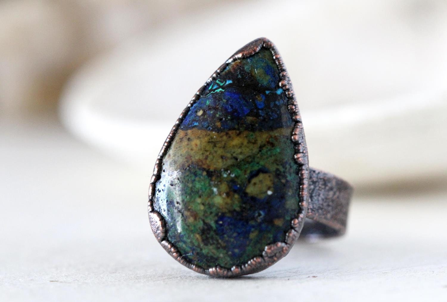 Azurite Ring - Size 8 1/2 - Big Stone Ring - Mineral Ring - Big Copper Ring