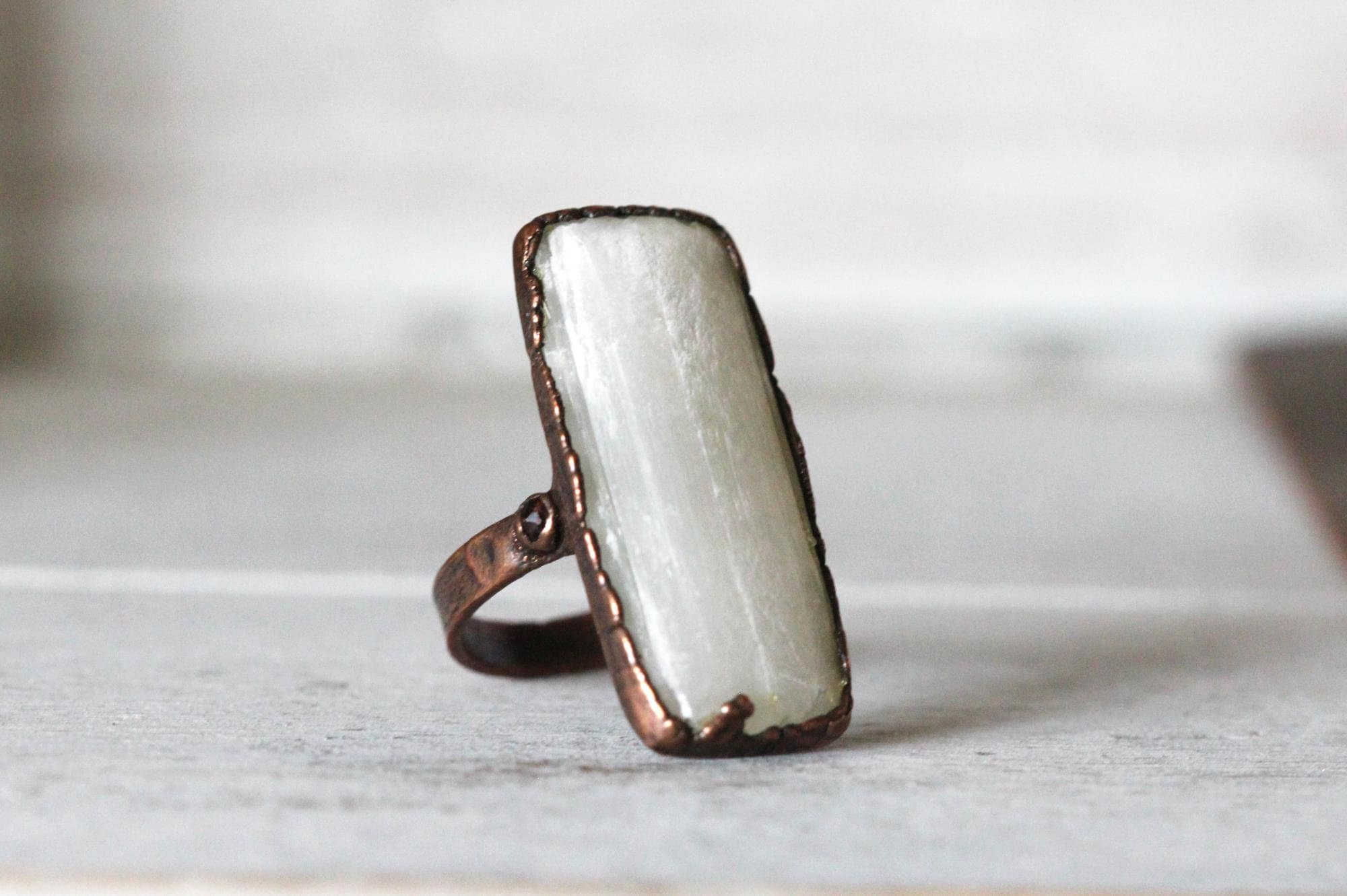 Selenite Ring - Size 8 3/4 - Big Crystal Ring - Copper Ring - White ...
