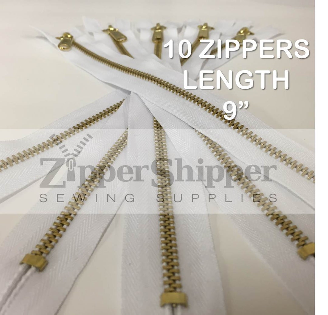Fancy Metal Zippers, Wholesale, White, Brass Gold Teeth, 9 Inch With ...