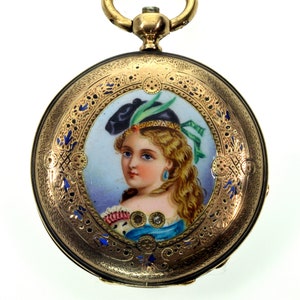 Antique Swiss Polychrome Enamel Pocket Watch Pendant Hunter Case ...
