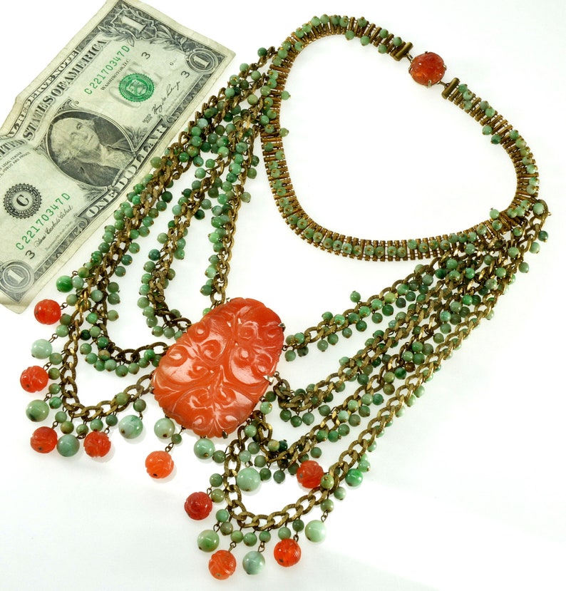 Art Deco Apple Green Red Jadeite Jade Brass Swag Necklace C.1920 - Etsy