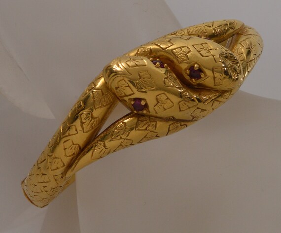 Antique Victorian 18K Gold Double Snakes Bracelet Rub… - Gem