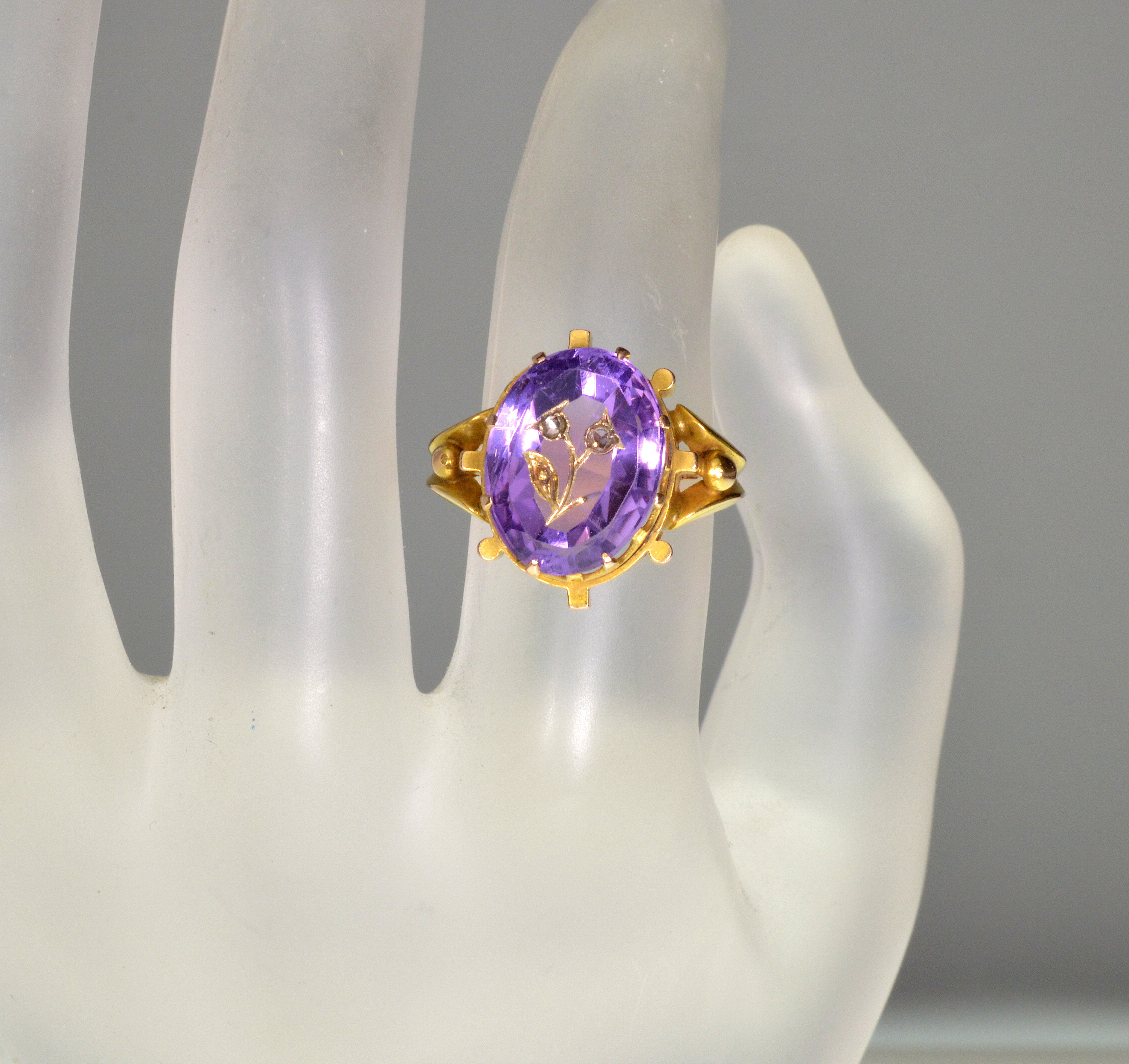 Antique 14K Gold Rose of Sharon Diamond Ring Amethyst Inlay - Etsy