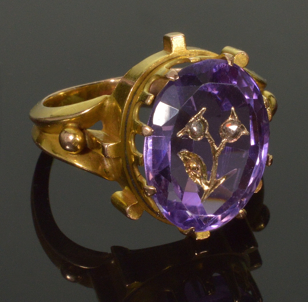 Antique 14K Gold Rose of Sharon Diamond Ring Amethyst Inlay C.1860 - Etsy