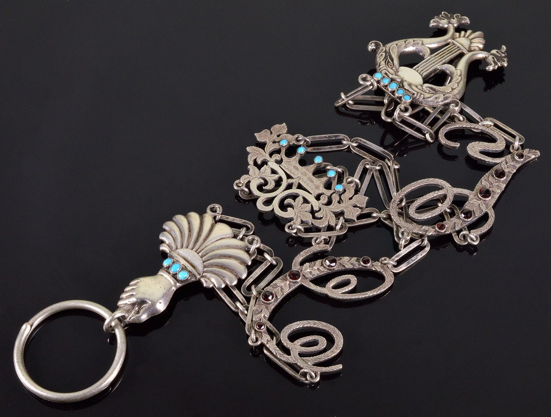 Antique Victorian Hand Key Holder Chatelain Chain Sterling Turquoise ...