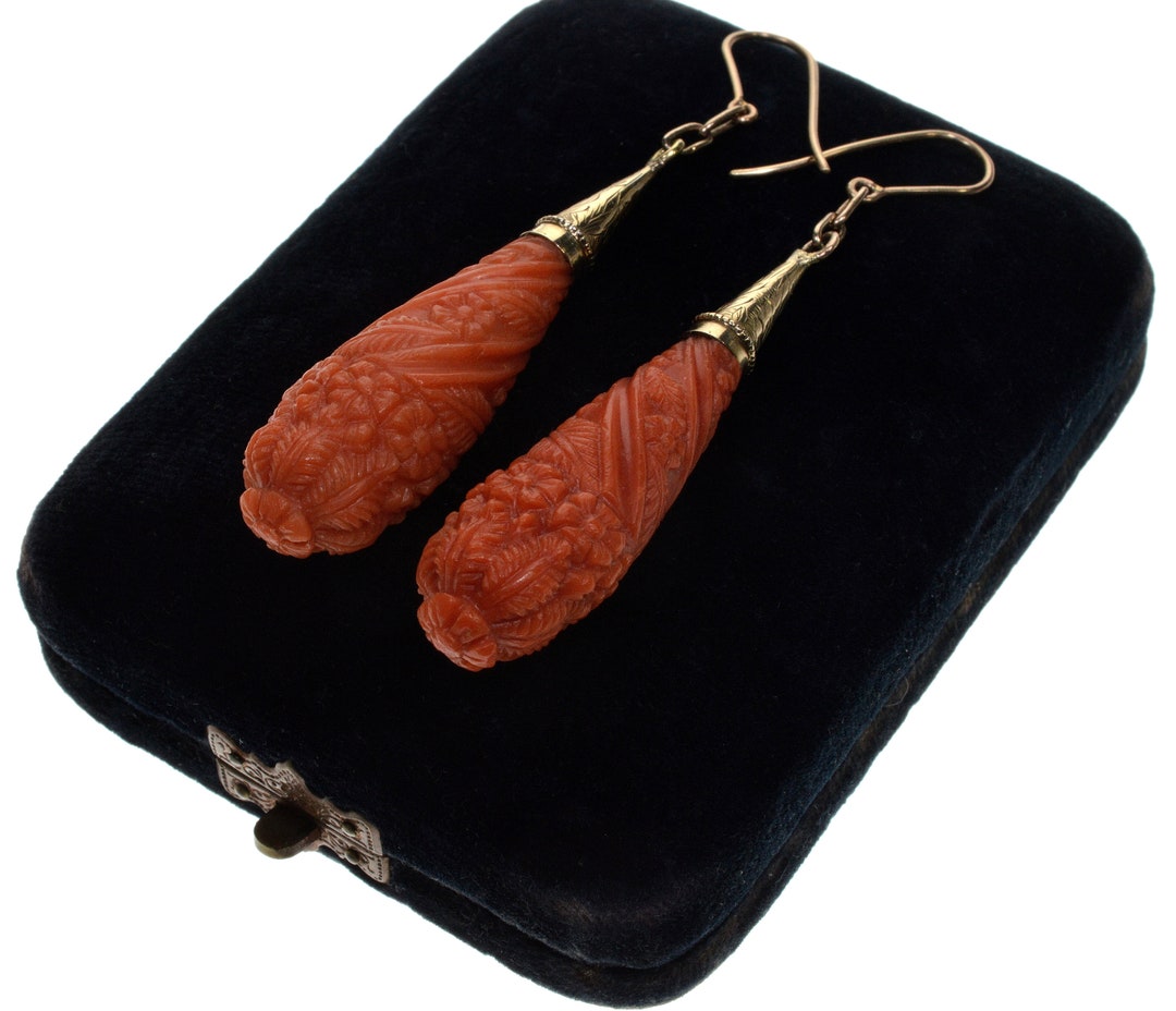 Antique Georgian 14K Gold Salmon Coral Dangle Earrings C.1820 - Etsy