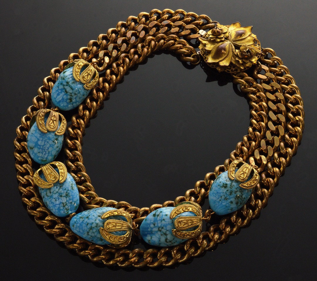 Miriam Haskell by Frank Hess Turquoise Glass Necklace C.1940 003565 - Etsy