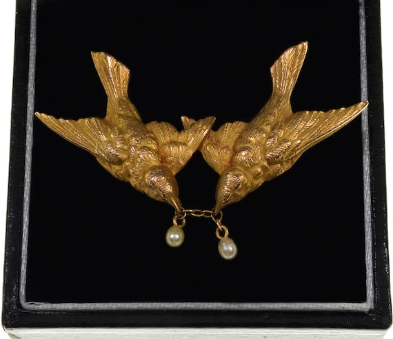 Antique French 18K Gold Love Doves Pair Brooch Pin C.… - Gem