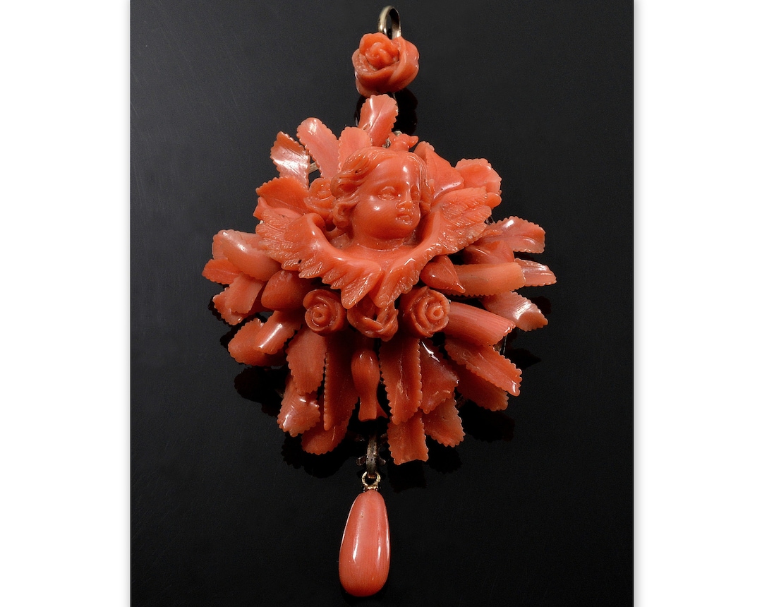 Antique Victorian 9K Gold Salmon Coral Cherub Putty Angel Pendant C ...