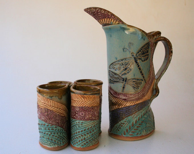Dragonfly Design Pitcher Set With Four Cups Pottery Handmade - Etsy