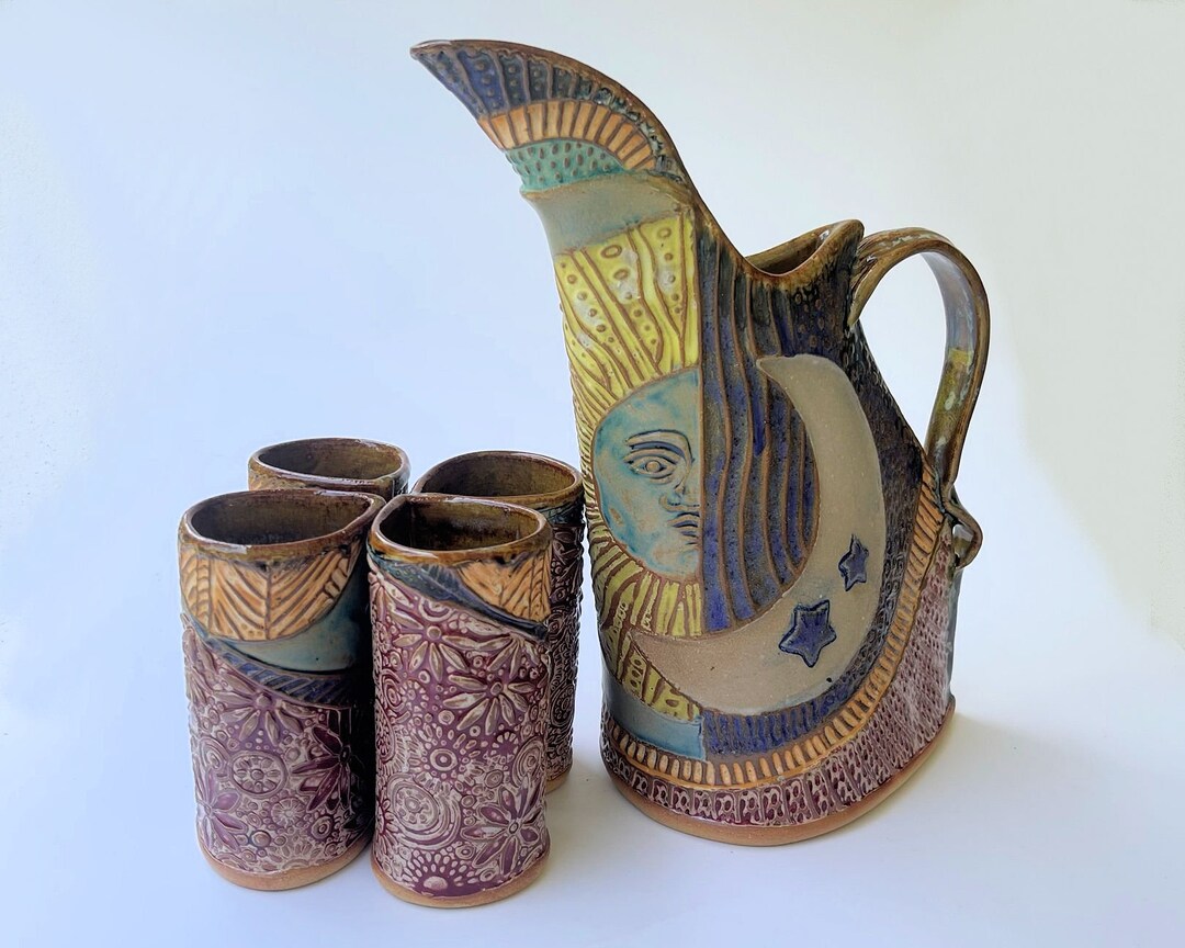 Sun & Moon Design With Five Tumblers, Pottery, Dishwasher Safe, Pottery ...