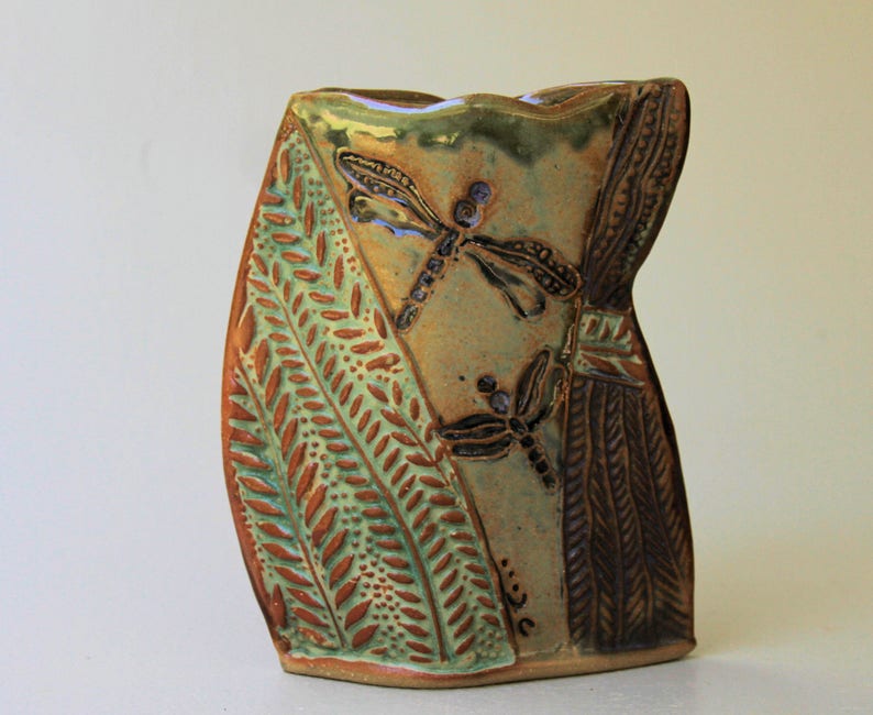 Dragonfly Pottery Flower Vase Hand Made | Etsy