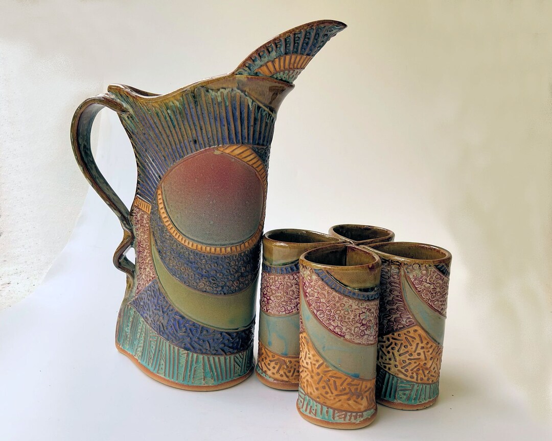 Abstract Design Pitcher Set With Four Cups Pottery Handmade Microwave ...