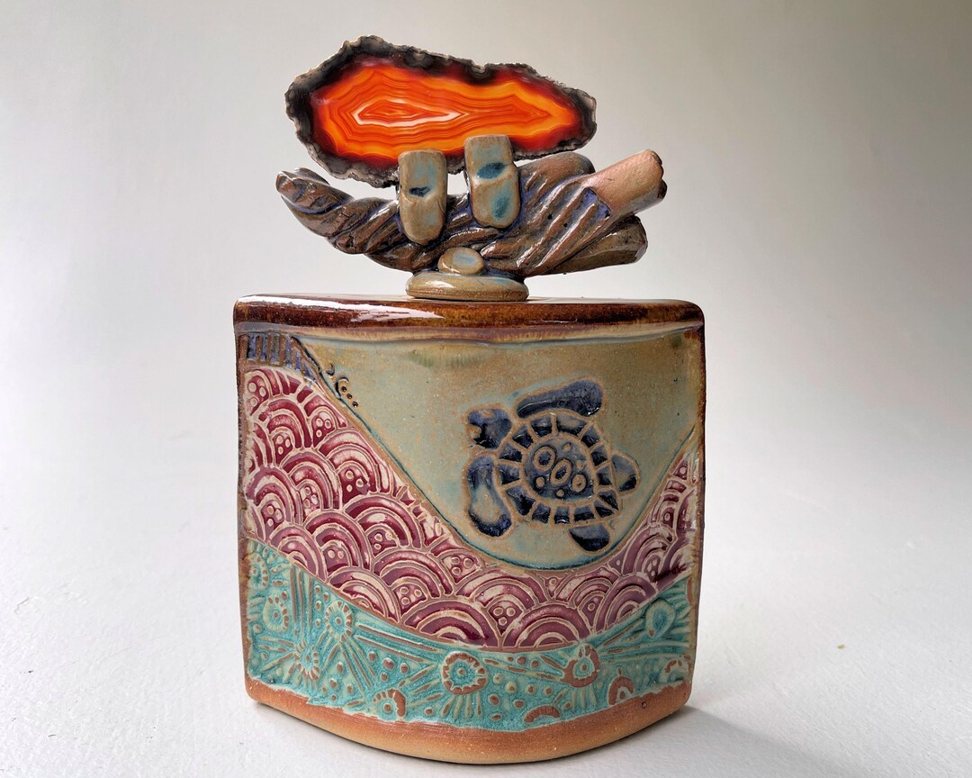 Handcrafted Sea Turtle Vessel Pottery With Agate Lid Unique Decorative ...