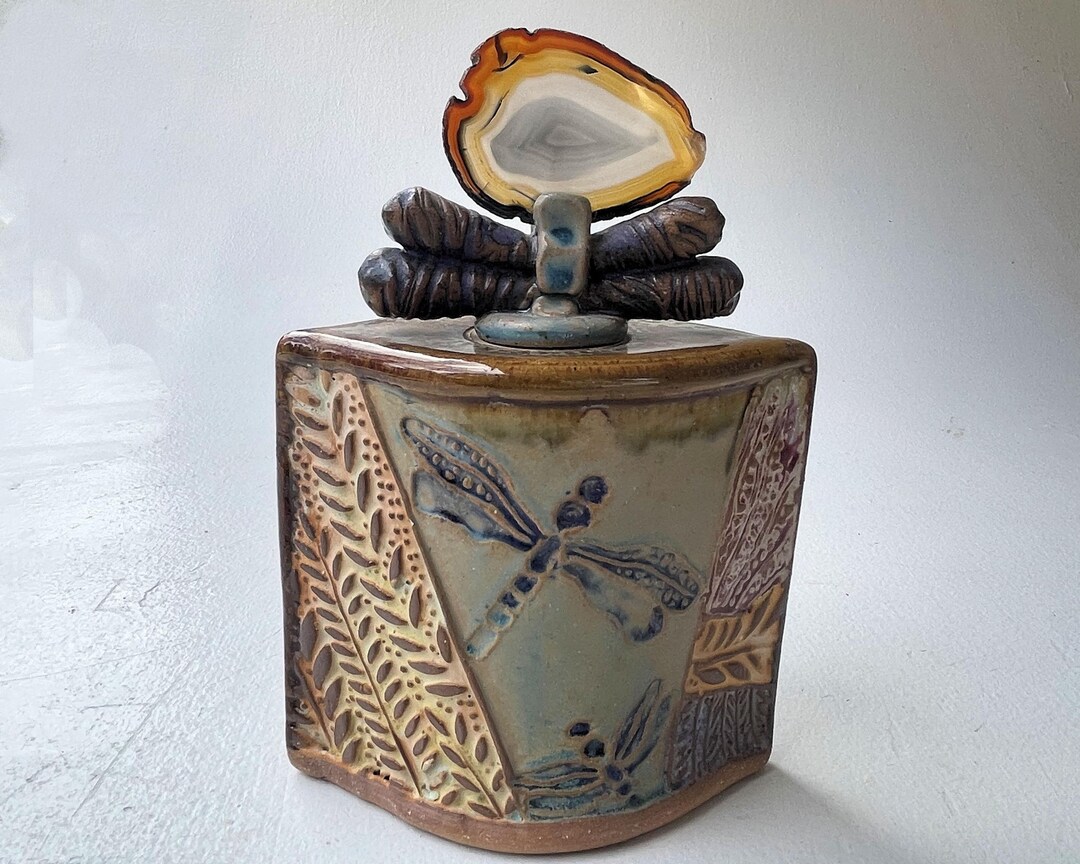 Dragonfly Pottery Vessel With Agate Lid Unique Handmade Ceramic Art ...